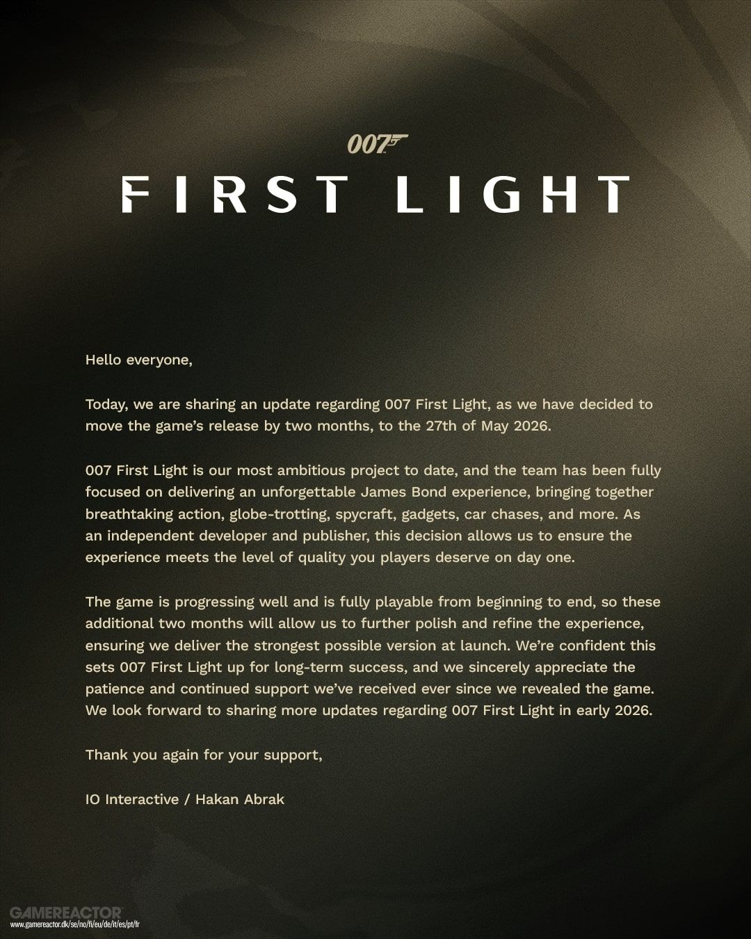 IO Interactive 延後至 2026 年 5 月 007 First Light